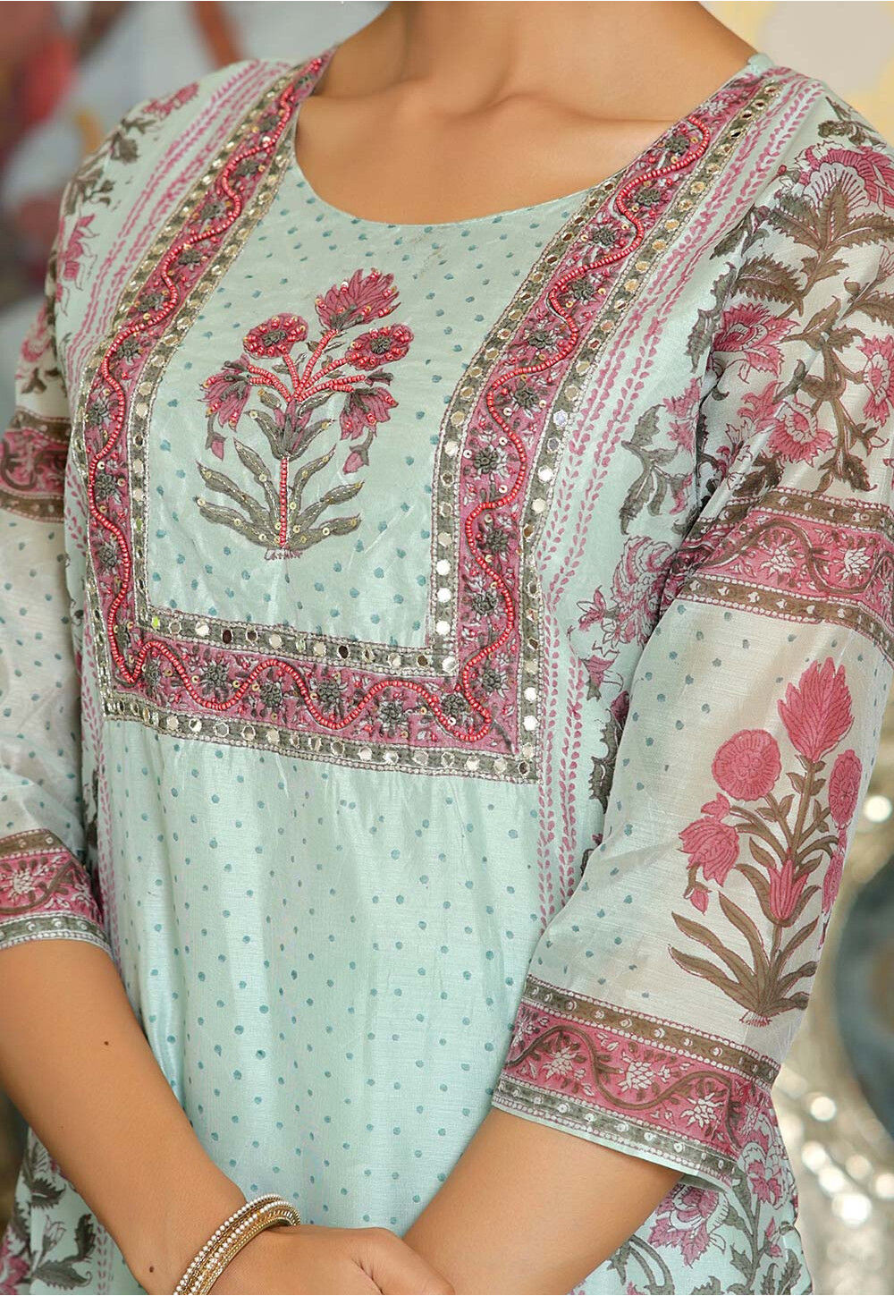 Buy Block Printed Art Chanderi Silk Pakistani Suit in Pastel Green ...