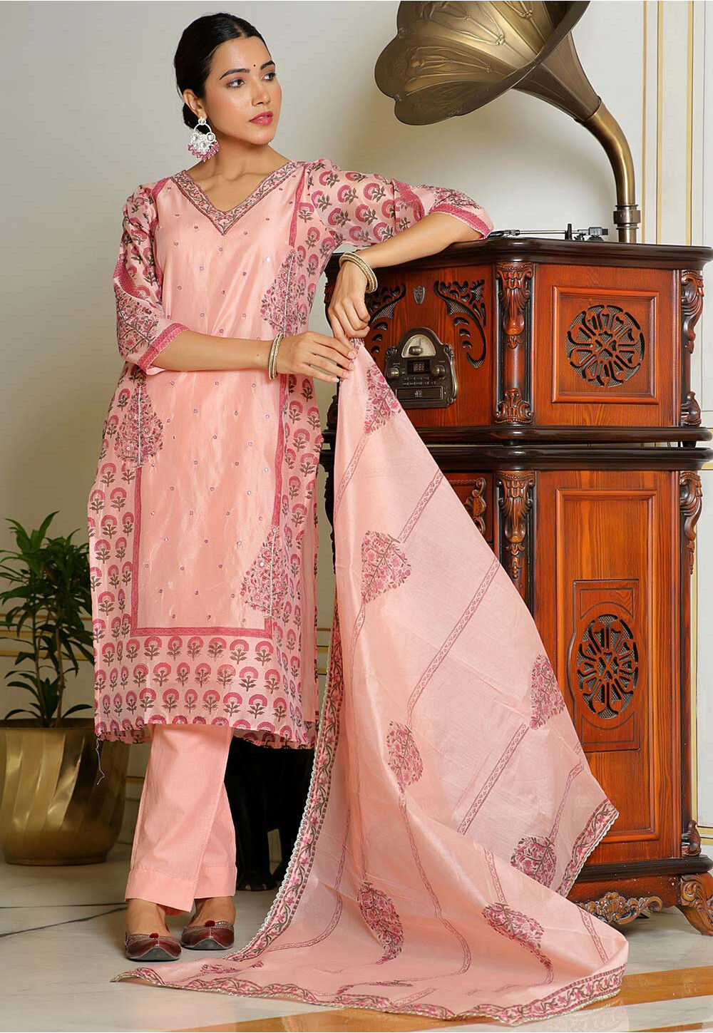 Buy Block Printed Art Chanderi Silk Pakistani Suit in Peach Online ...
