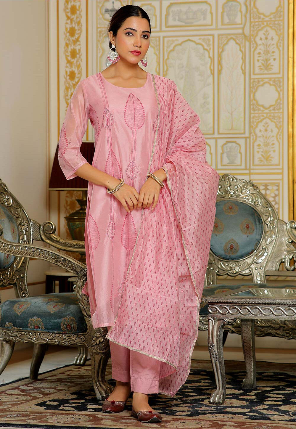Buy Block Printed Art Chanderi Silk Pakistani Suit in Pink Online ...