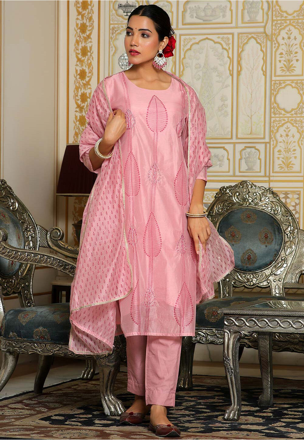 Buy Block Printed Art Chanderi Silk Pakistani Suit in Pink Online ...