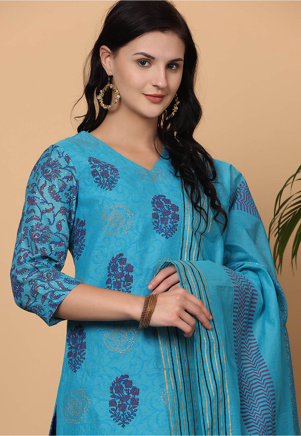 Buy Block Printed Chanderi Silk Pakistani Suit in Blue Online : KCU334 ...
