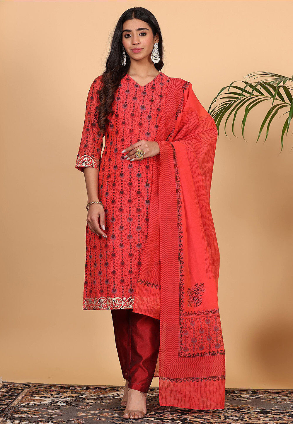 Buy Block Printed Chanderi Silk Pakistani Suit in Red Online : KCU336 ...