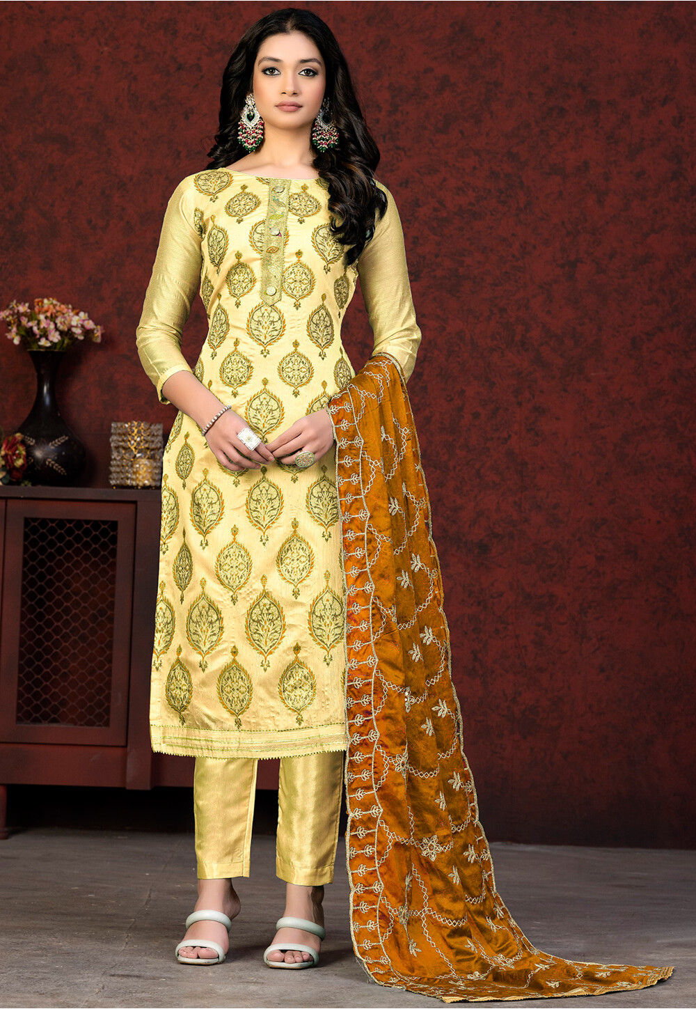 Buy Block Printed Chanderi Silk Pakistani Suit in Yellow Online ...