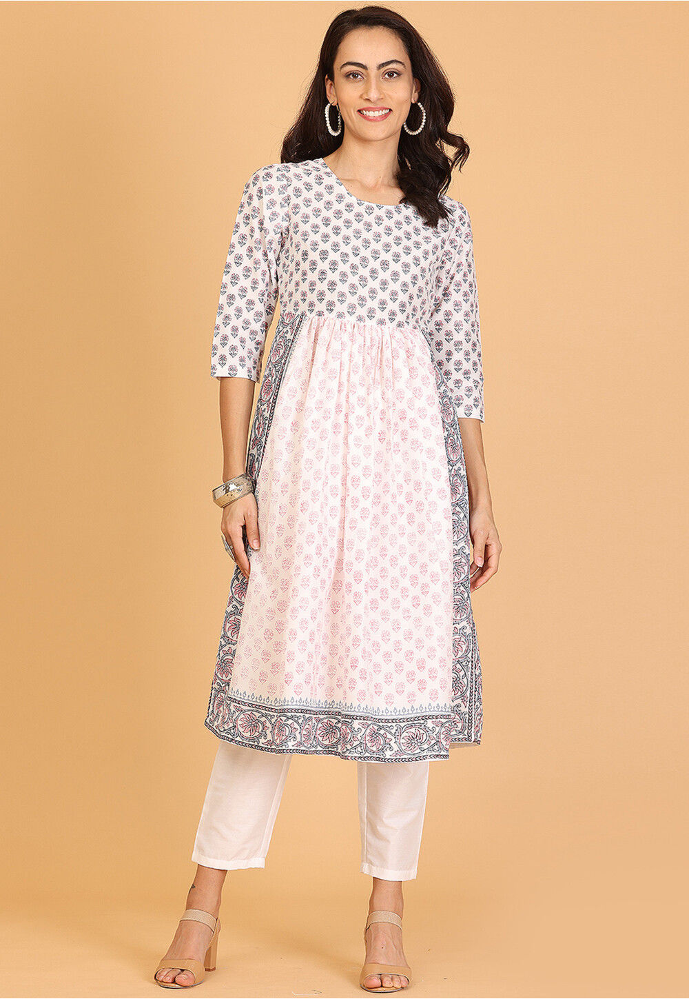 Buy Block Printed Cotton A Line Kurta Set in White Online : TZQ784 ...