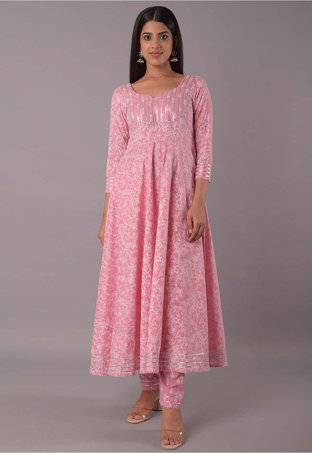 Buy Block Printed Cotton Aline Suit in Pink Online : KUR60 - Utsav Fashion