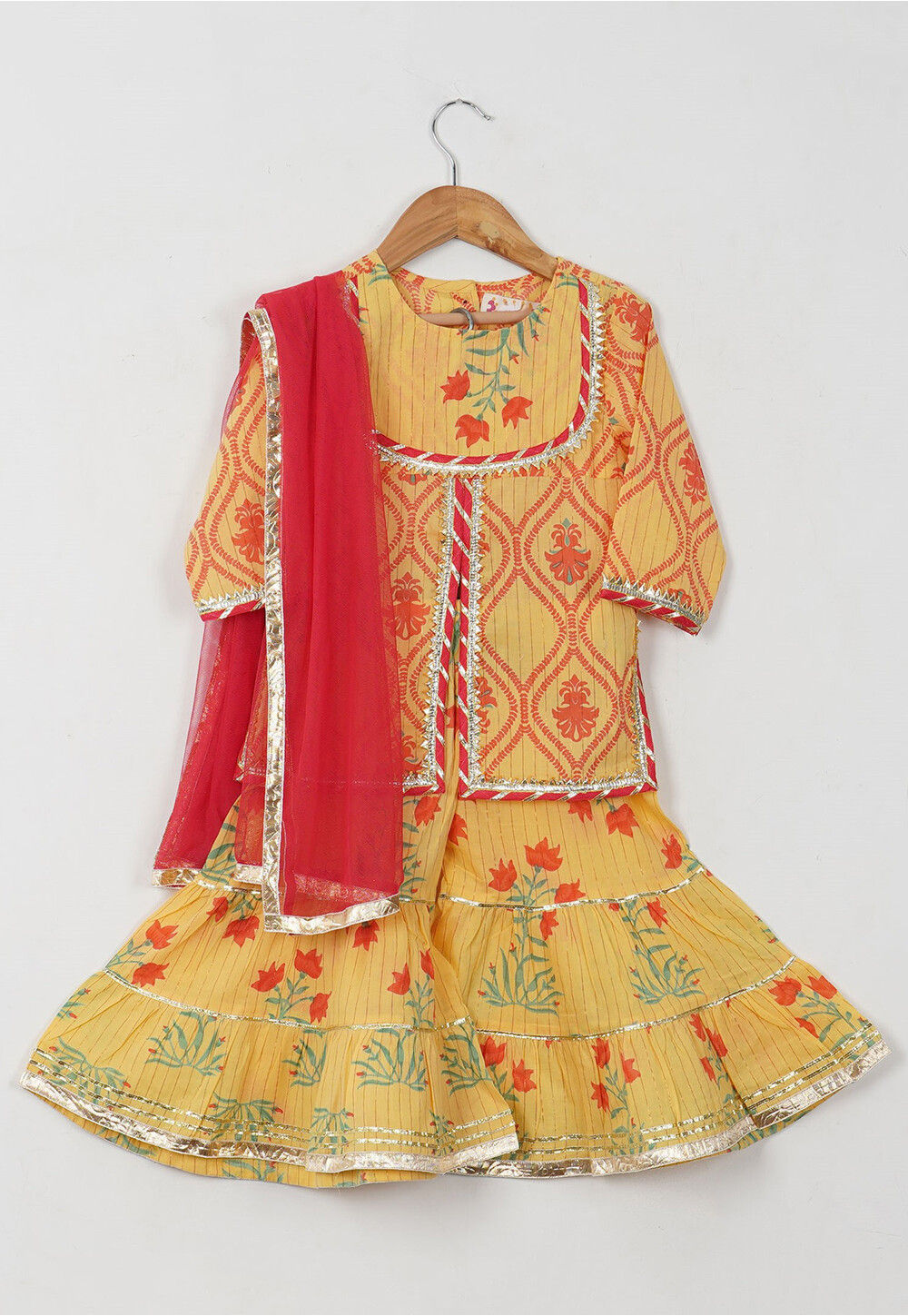 Buy Block Printed Cotton Jacket Style Pakistani Suit in Light Yellow ...