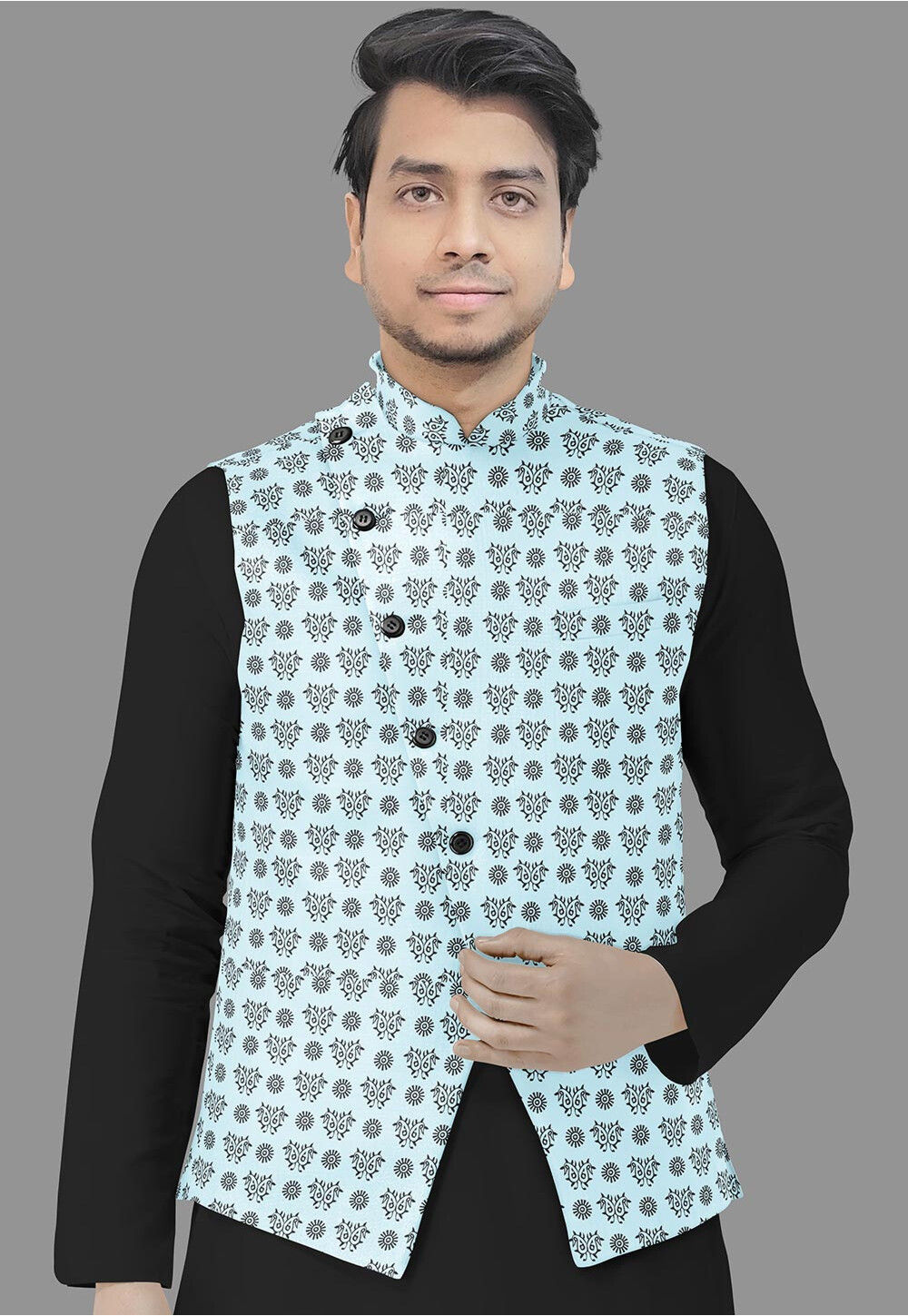 Buy Block Printed Cotton Nehru Jacket in Light Blue Online : MXX701 ...