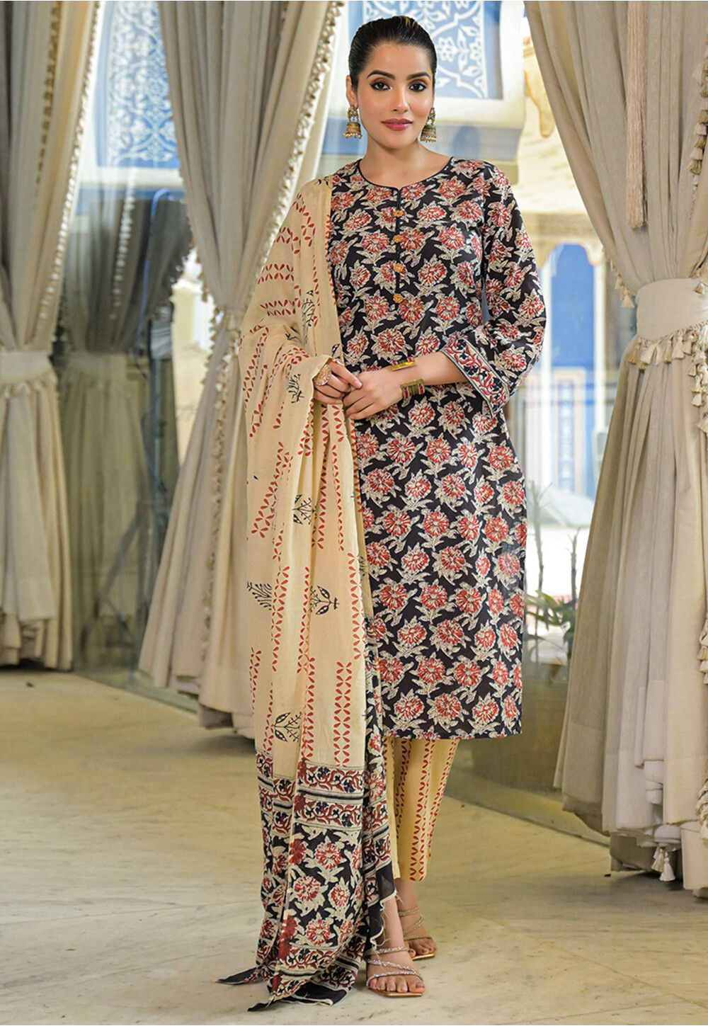 Buy Block Printed Cotton Pakistani Suit in Black Online : KJX234 ...