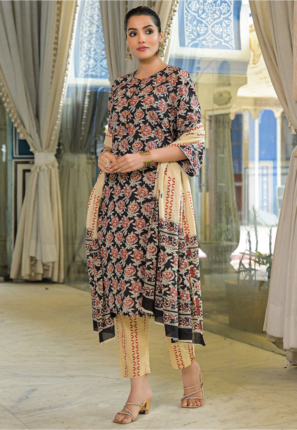 Buy Block Printed Cotton Pakistani Suit in Black Online : KJX234 ...