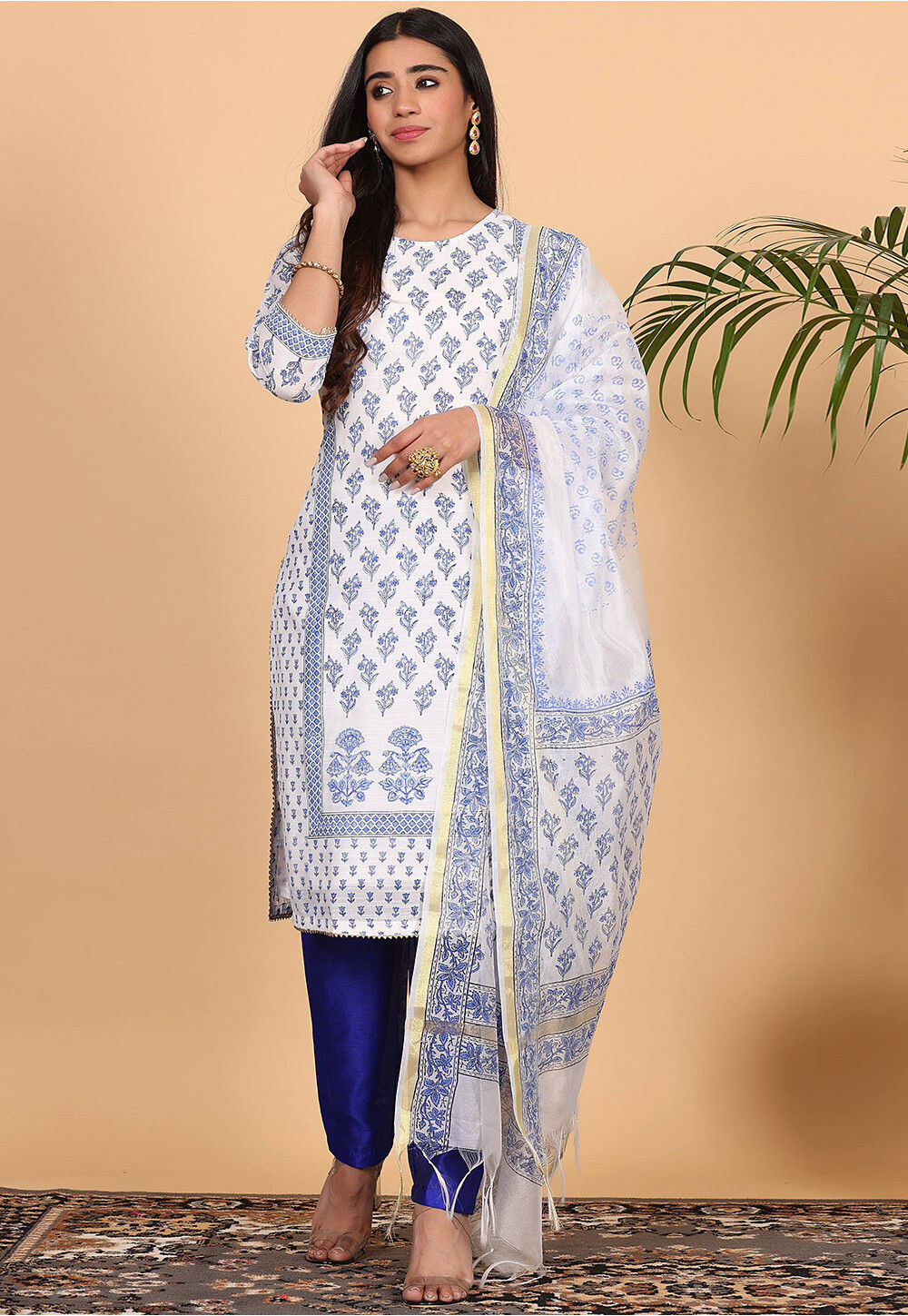 Buy Block Printed Cotton Pakistani Suit in Off White Online : KCU340 ...