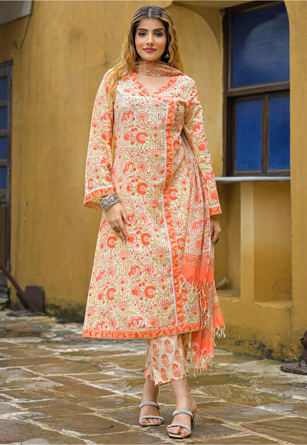 Buy Block Printed Cotton Pakistani Suit in Off White Online : KJX228 ...