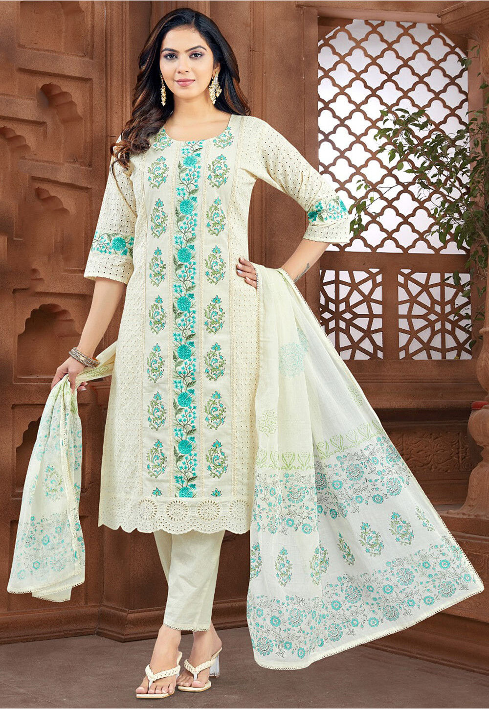 Buy Block Printed Cotton Pakistani Suit in Off White Online : KRD1041 ...