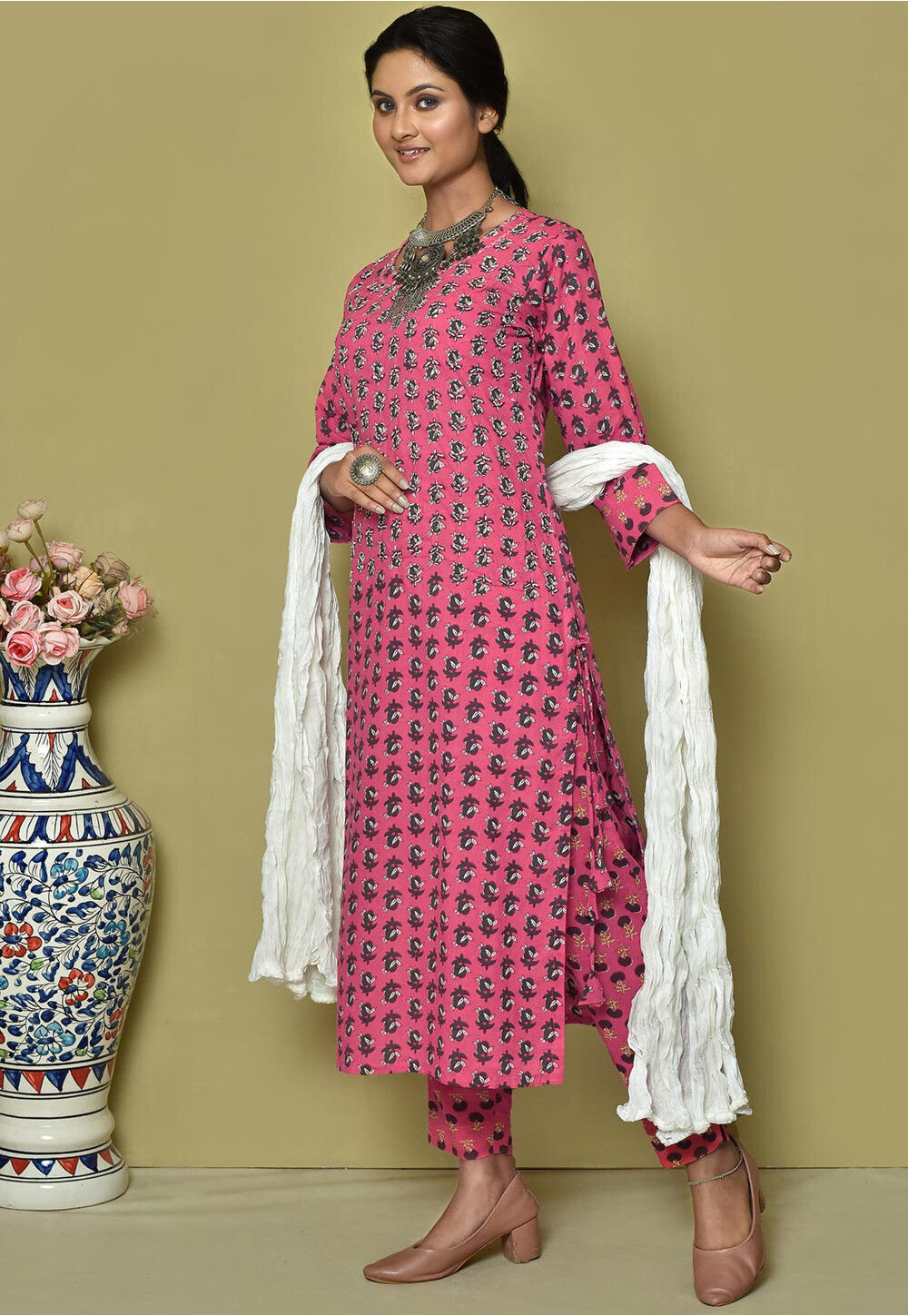Buy Block Printed Cotton Pakistani Suit in Pink Online : KWU14 - Utsav ...