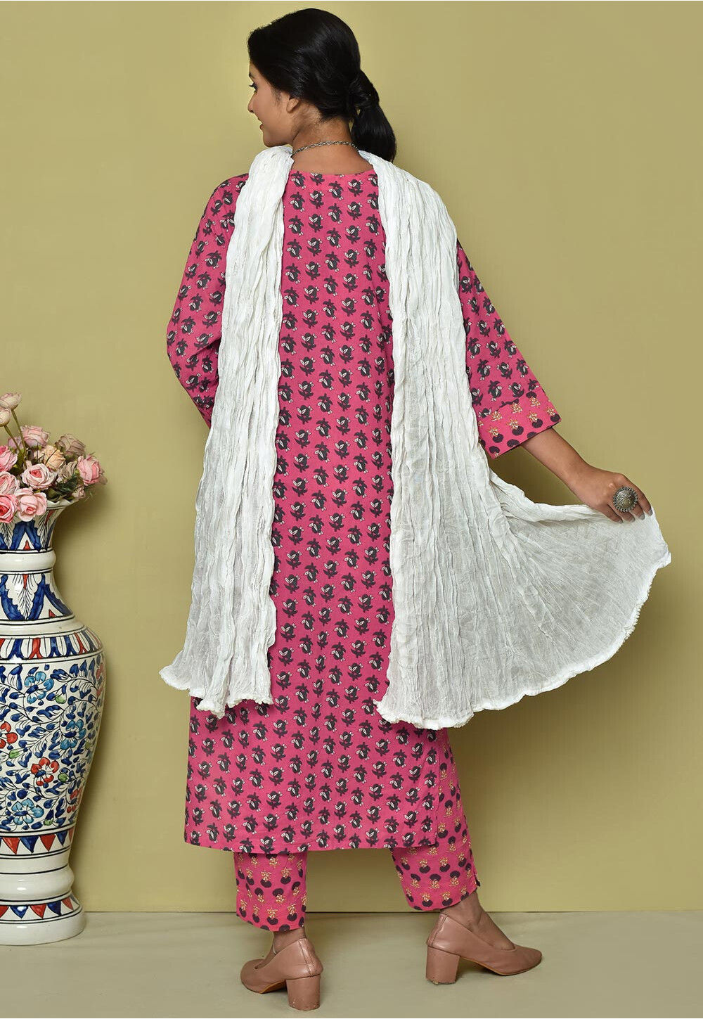 Block Printed Cotton Pakistani Suit in Pink : KWU14