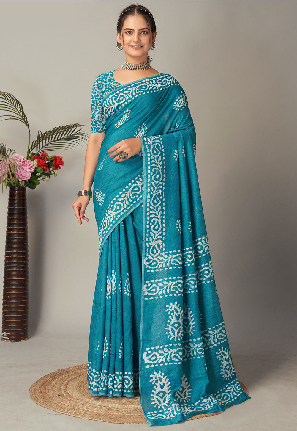 Buy Block Printed Cotton Saree in Teal Blue Online : SPCA1112 - Utsav ...