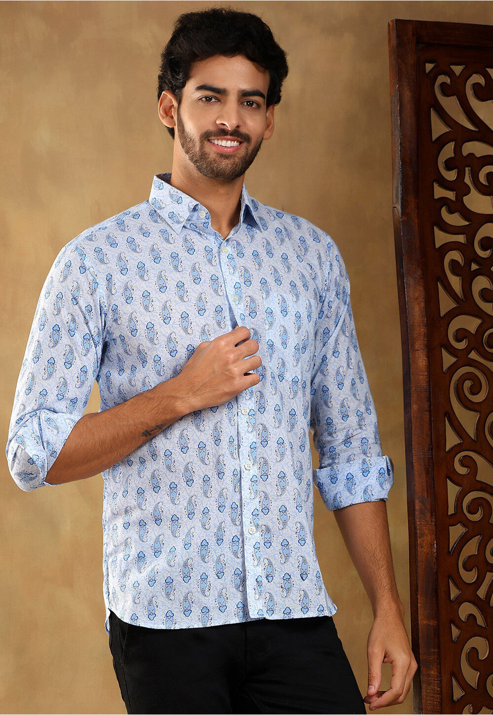 Buy Block Printed Cotton Shirt in Pastel Blue Online : MTE2567 - Utsav ...