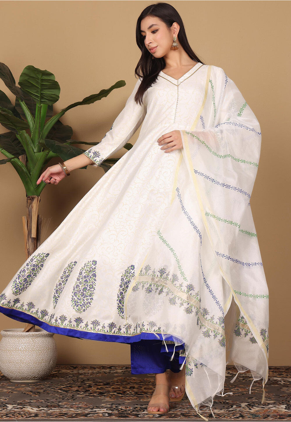 Buy Block Printed Cotton Silk Aline Suit in Off White Online : KXH431 ...