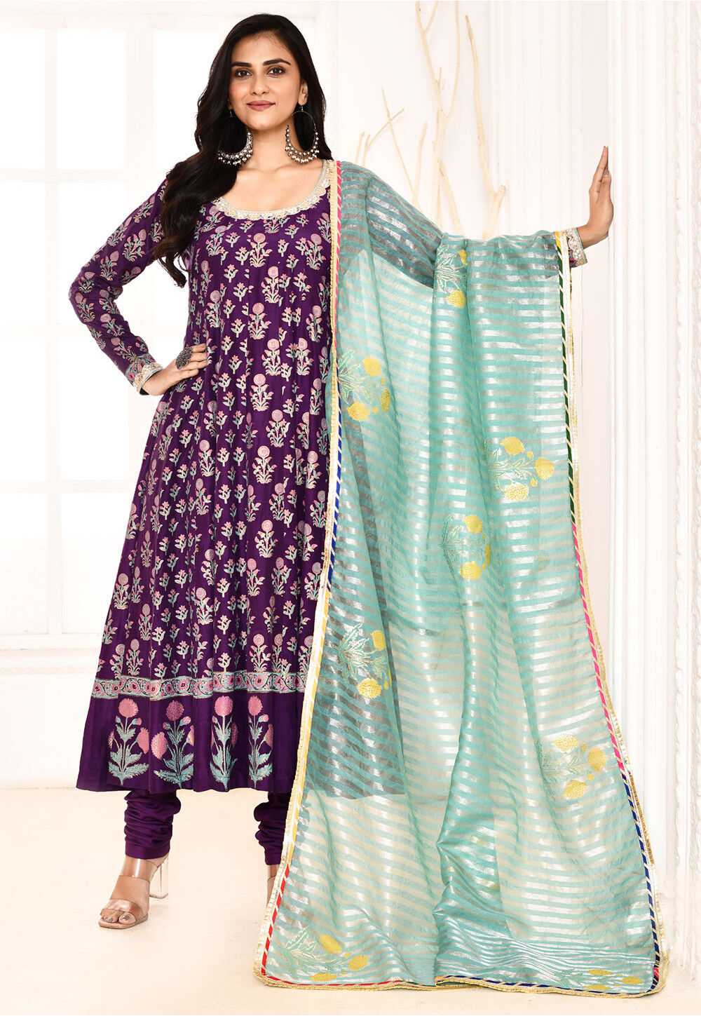 Buy Block Printed Cotton Silk Aline Suit in Violet Online : KBU280 ...