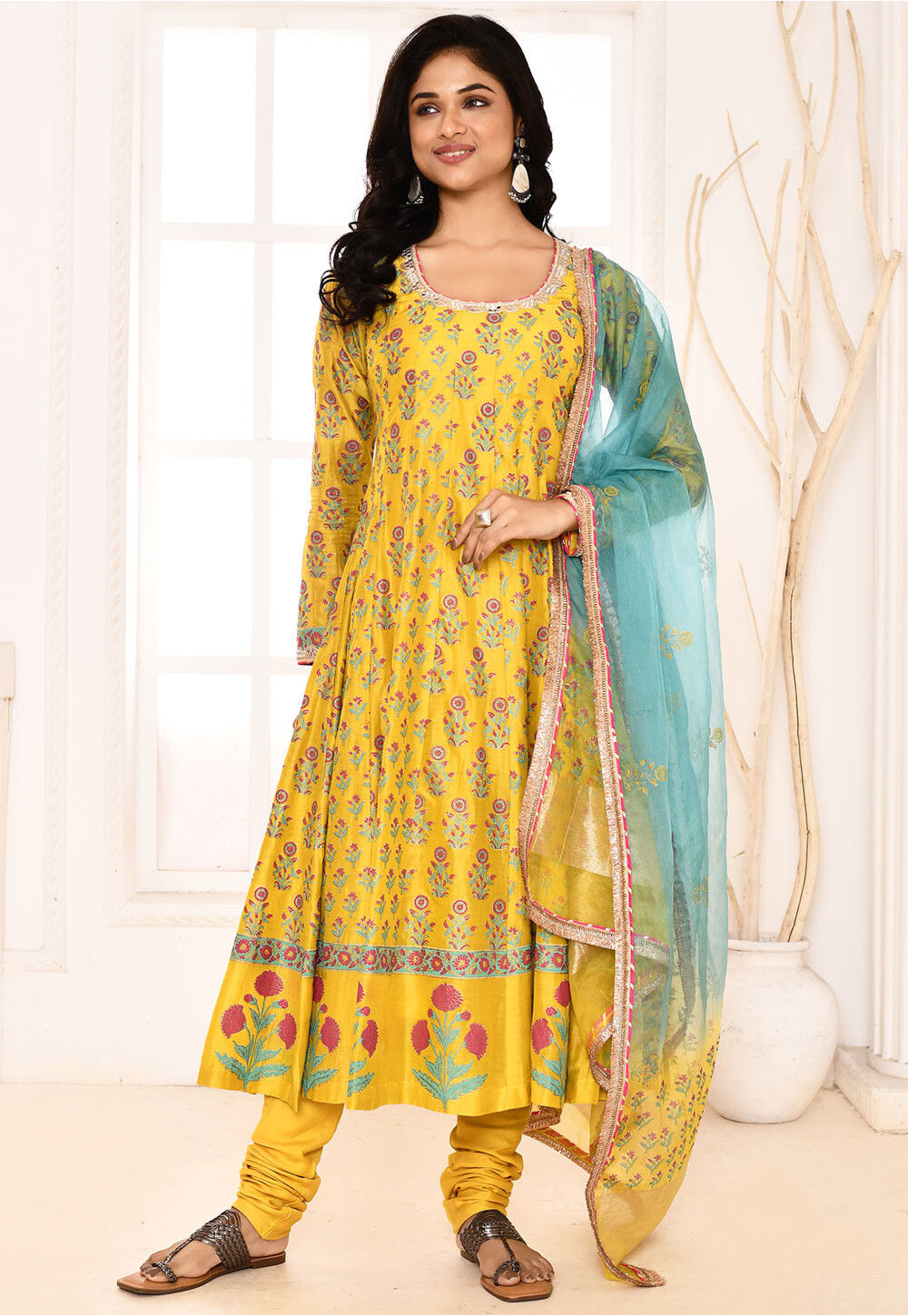 Buy Block Printed Cotton Silk Aline Suit in Yellow Online : KBU279 ...