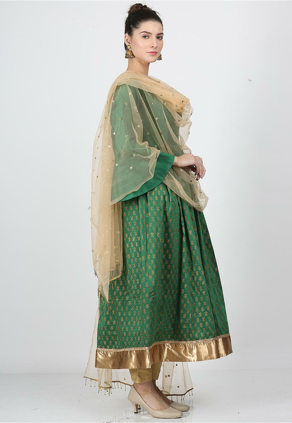 Buy Block Printed Cotton Silk Anarkali Suit in Dark Green Online ...