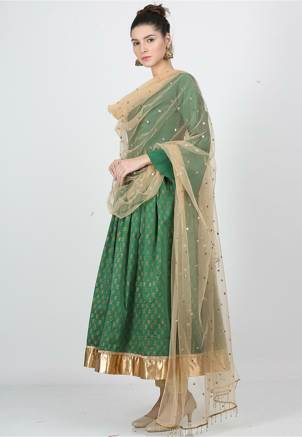 Buy Block Printed Cotton Silk Anarkali Suit in Dark Green Online ...