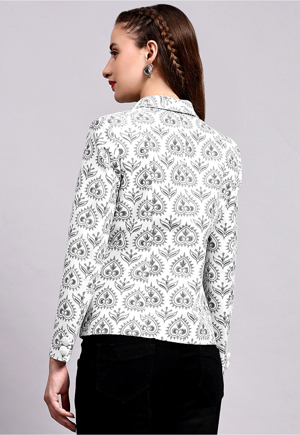 Buy Block Printed Cotton Silk Jacket in Off White and Grey Online ...