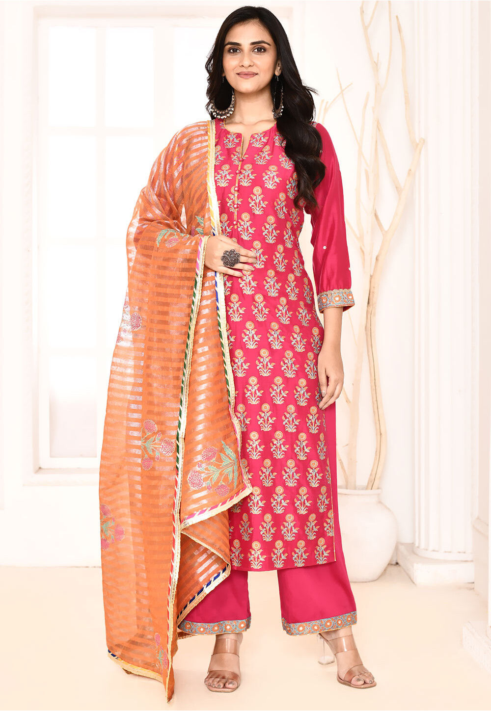 Buy Block Printed Cotton Silk Pakistani Suit in Fuchsia Online : KBU293 ...