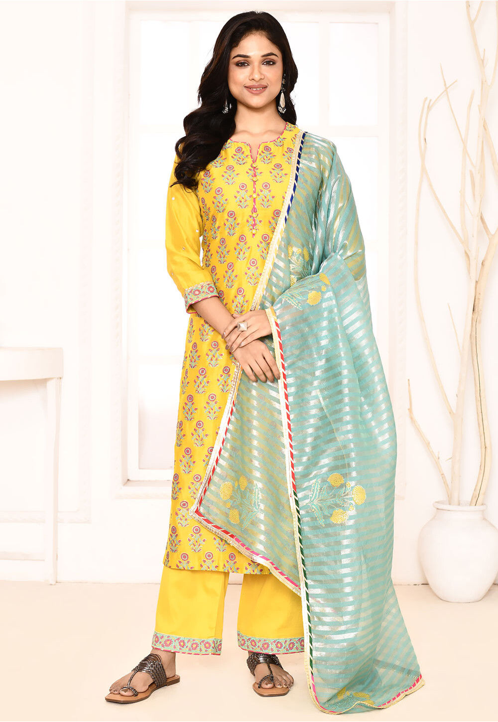 Buy Block Printed Cotton Silk Pakistani Suit in Yellow Online : KBU291 ...
