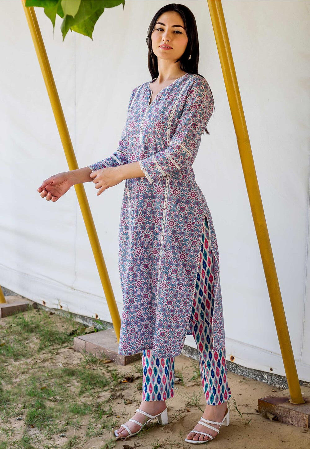 Buy Block Printed Cotton Straight Kurta Set in Blue Online : TQM645 ...