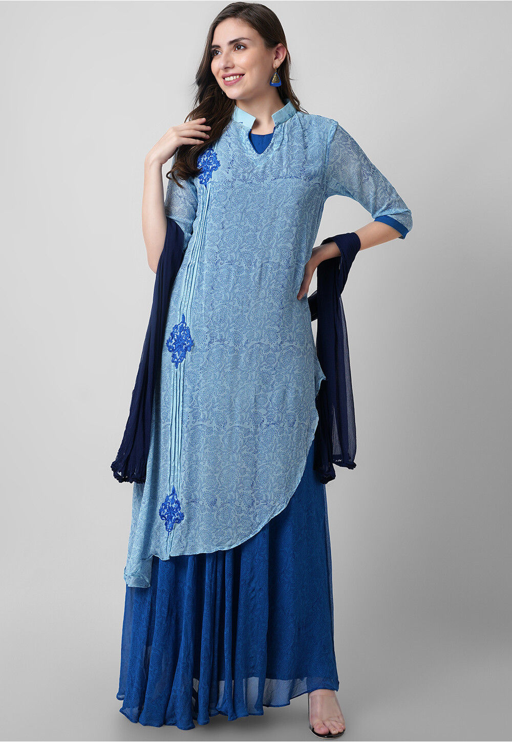 Buy Block Printed Georgette Layered Abaya Style Suit in Blue Online ...