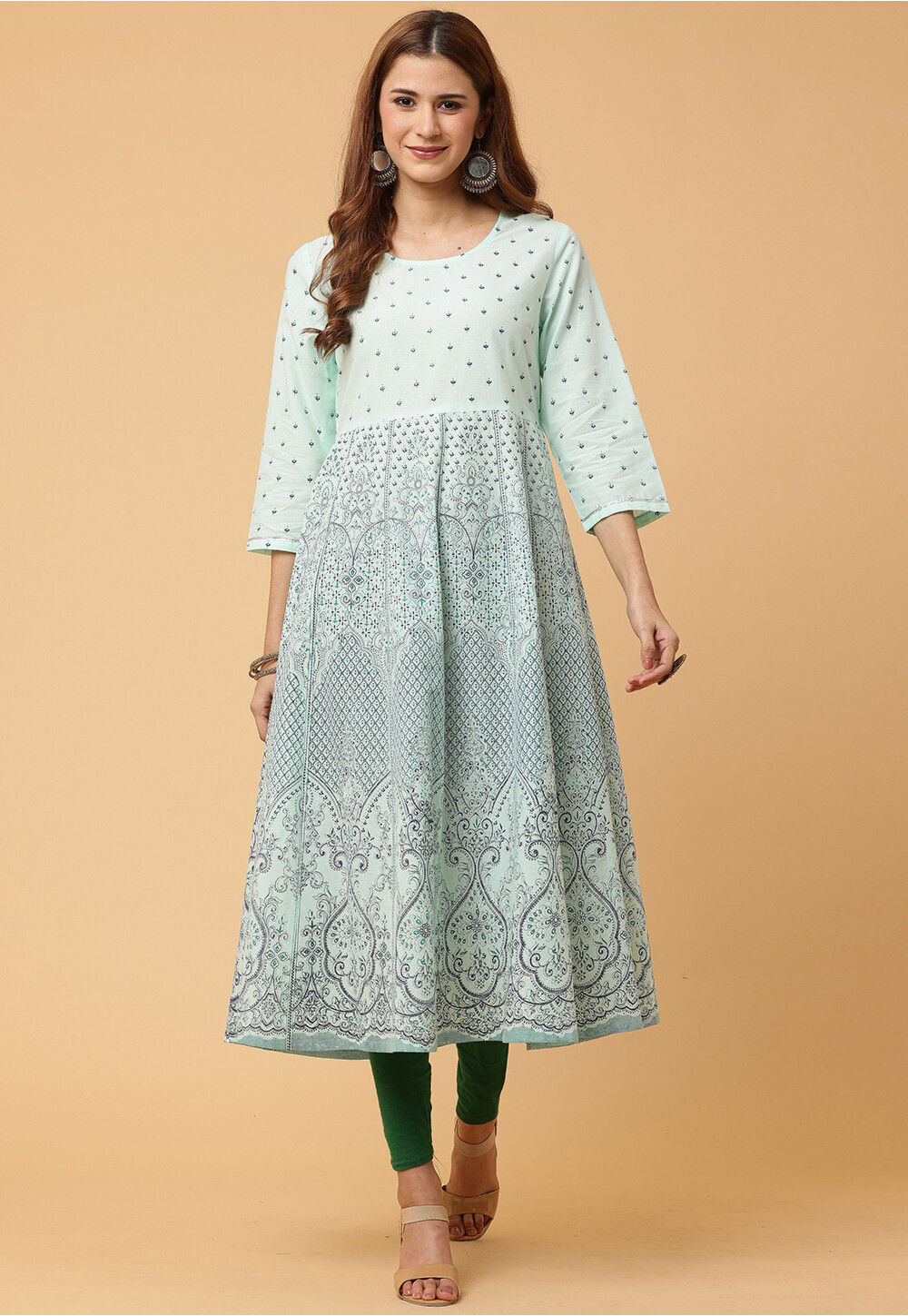 Buy Block Printed Pure Cotton A Line Kurta Set in Pastel Green Online ...