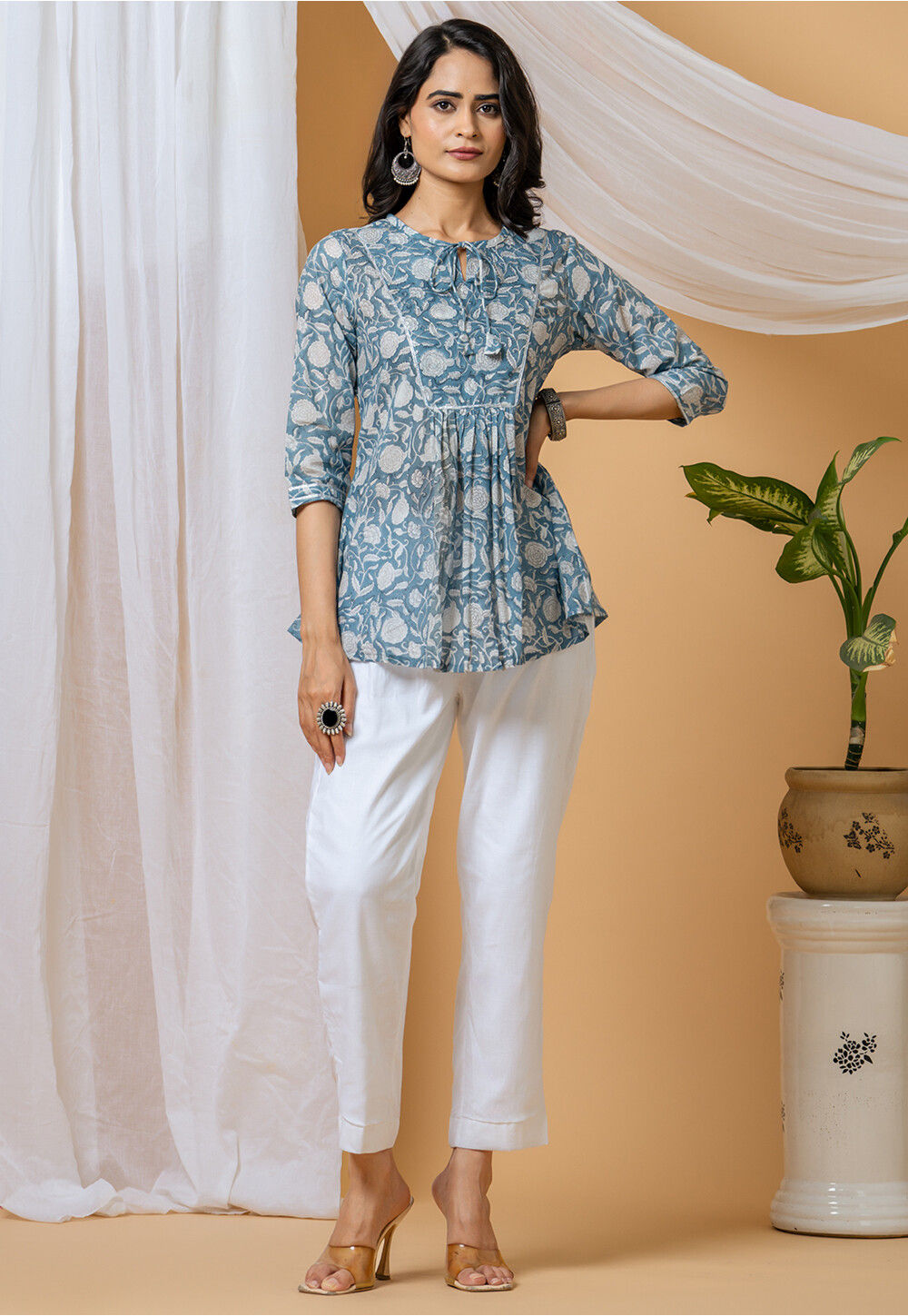 Buy Block Printed Pure Cotton A Line Kurti Set in Blue Online : TBF776 ...