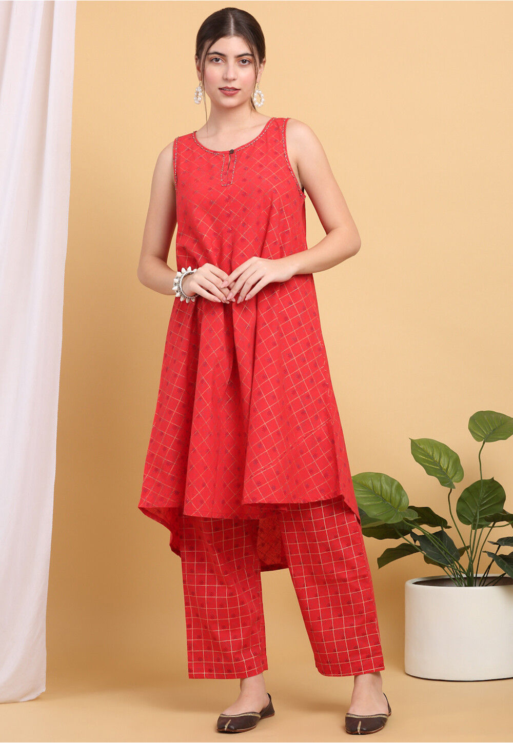 Buy Block Printed Pure Cotton Aline Kurta Set in Coral Red Online ...