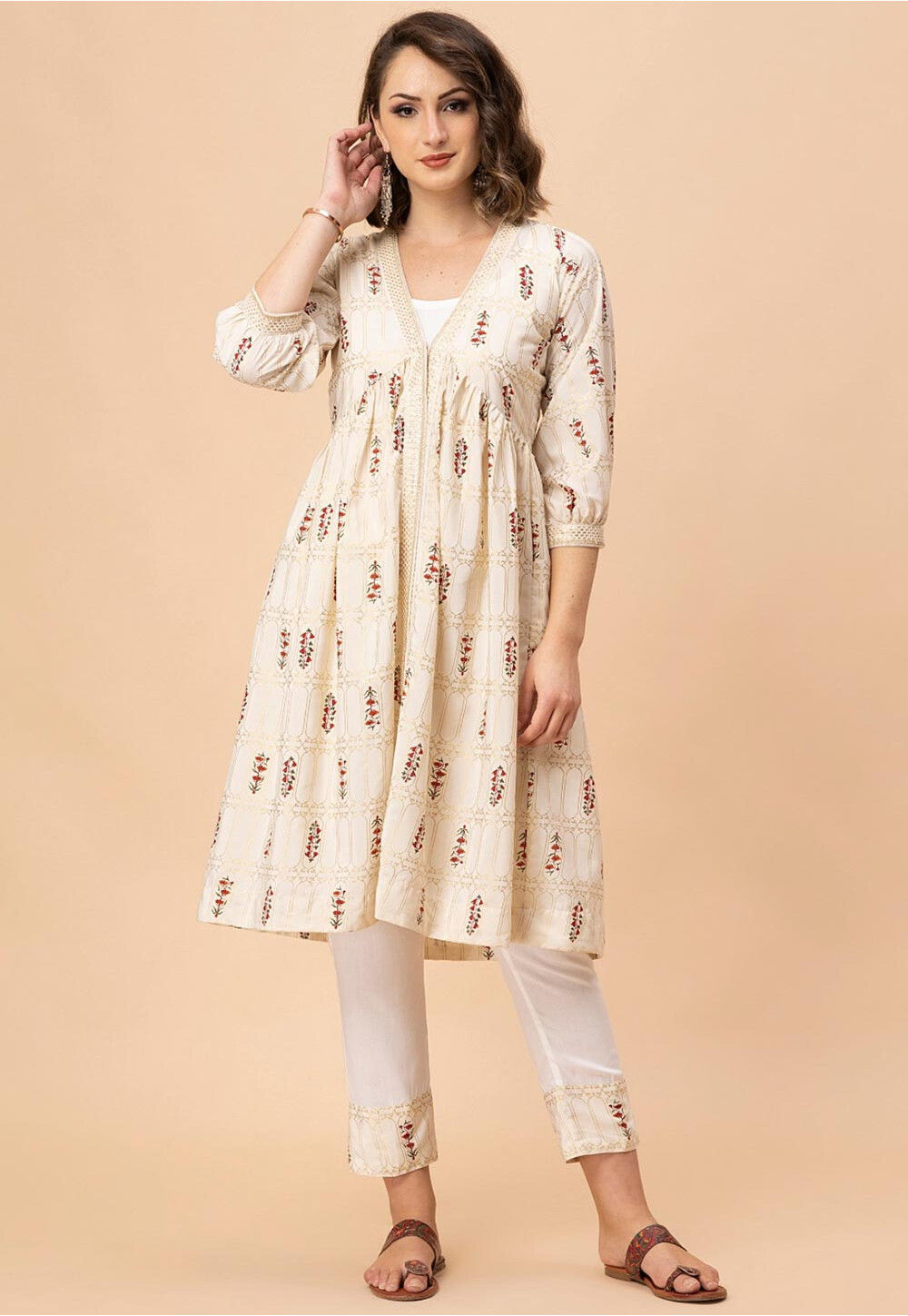 Buy Block Printed Pure Cotton Aline Kurta Set in Cream Online : TUW21 ...