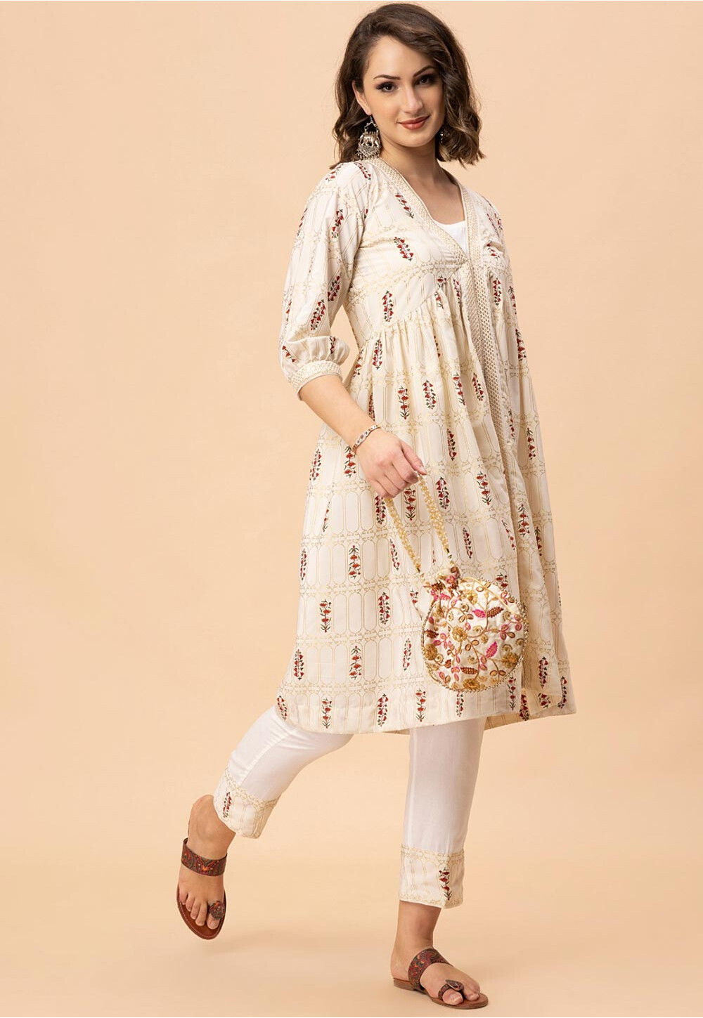 Buy Block Printed Pure Cotton Aline Kurta Set in Cream Online : TUW21 ...
