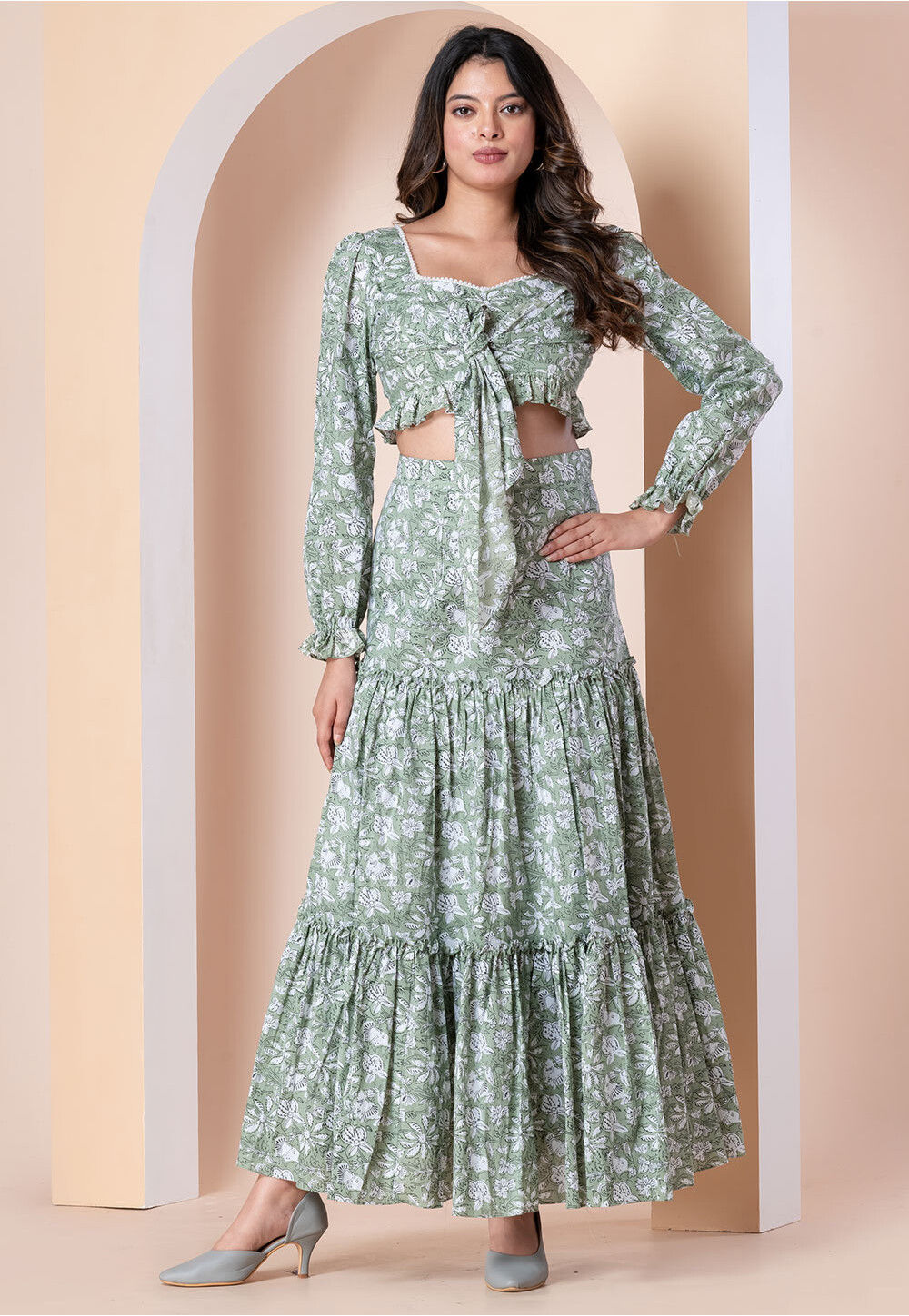Buy Block Printed Pure Cotton Crop Top Set in Dusty Green Online ...