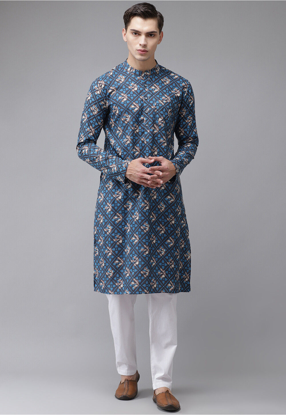 Buy Block Printed Pure Cotton Kurta Set in Black and Blue Online ...