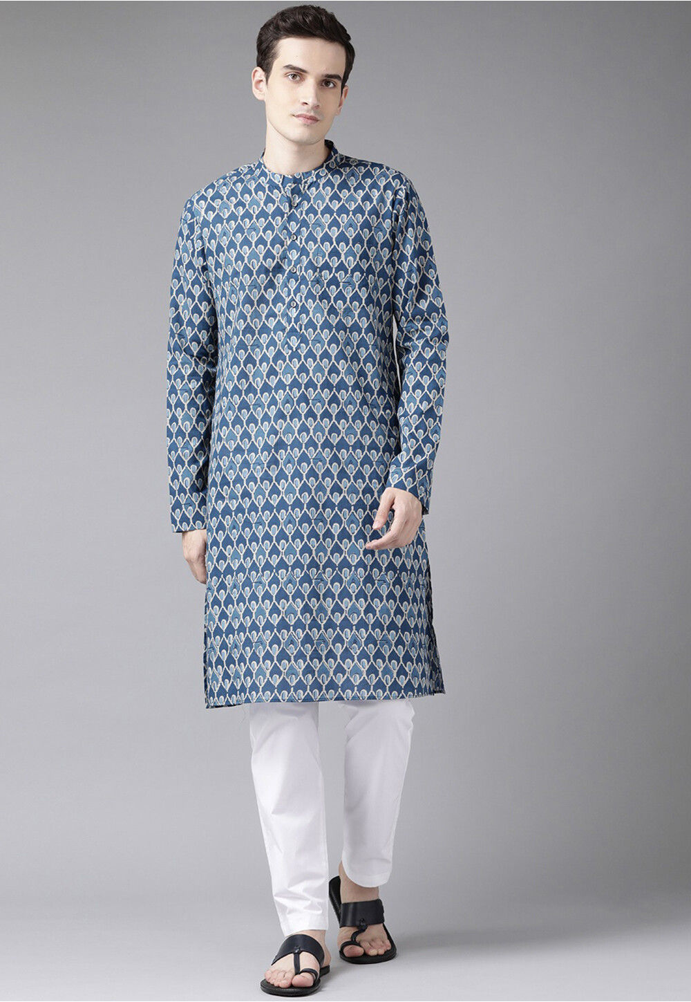 Buy Block Printed Pure Cotton Kurta Set in Indigo Blue Online : MEE1238 ...