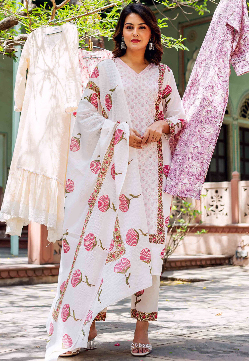 Buy Block Printed Pure Cotton Pakistani Suit in White Online : KMQS286 ...