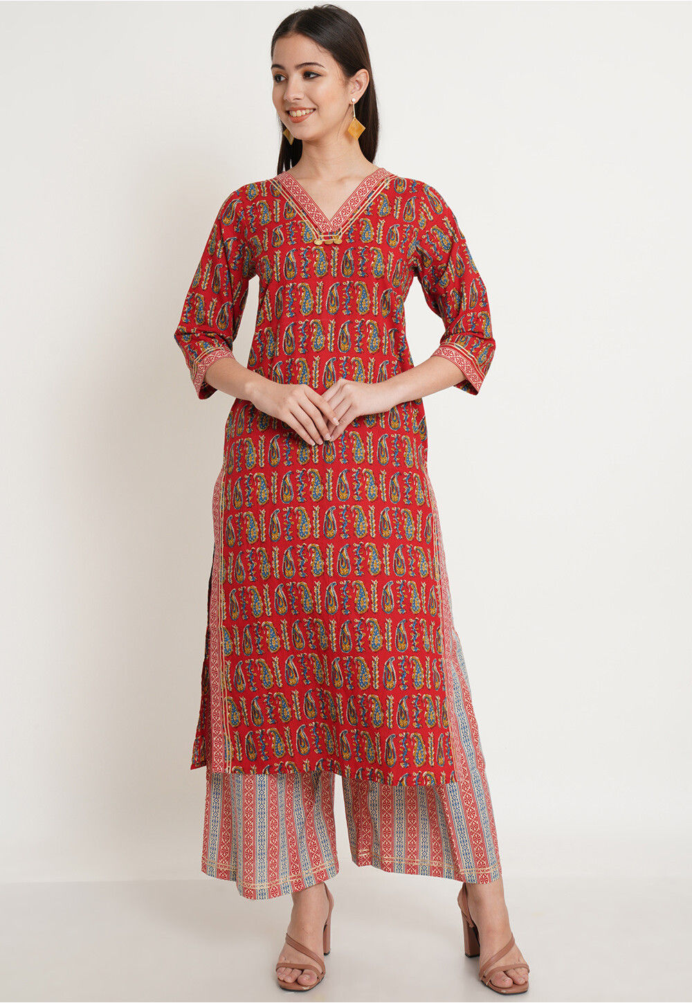 Buy Block Printed Pure Cotton Straight Kurta Set in Red Online : TLU103 ...