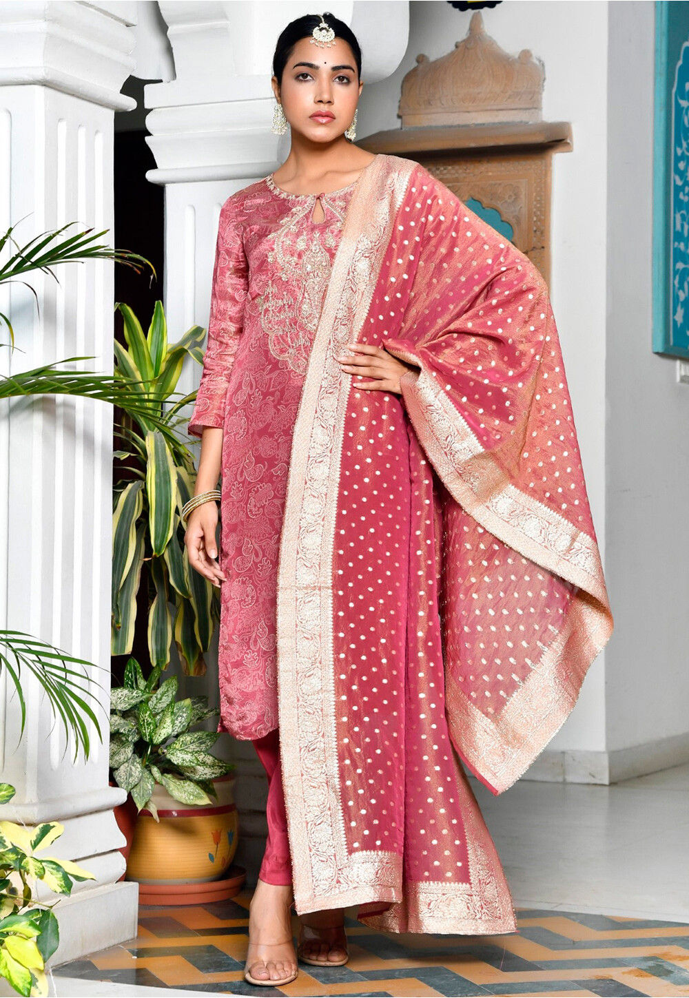 Buy Block Printed Tissue Pakistani Suit in Coral Pink Online : KJN4695 ...