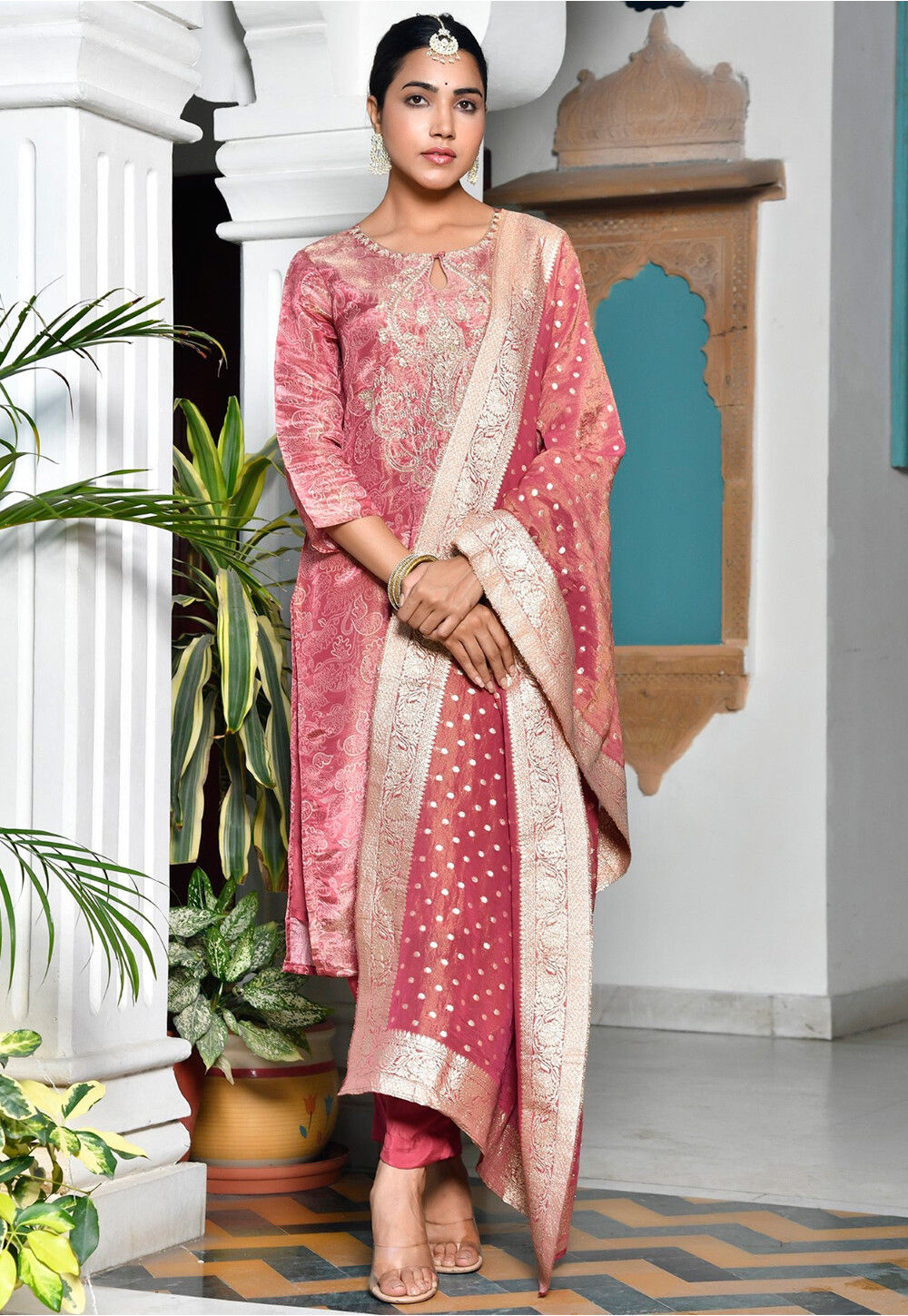 Buy Block Printed Tissue Pakistani Suit in Coral Pink Online : KJN4695 ...