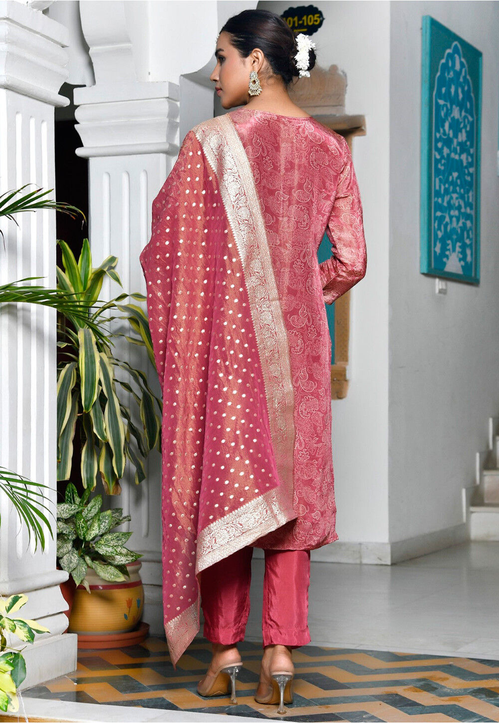 Buy Block Printed Tissue Pakistani Suit in Coral Pink Online : KJN4695 ...