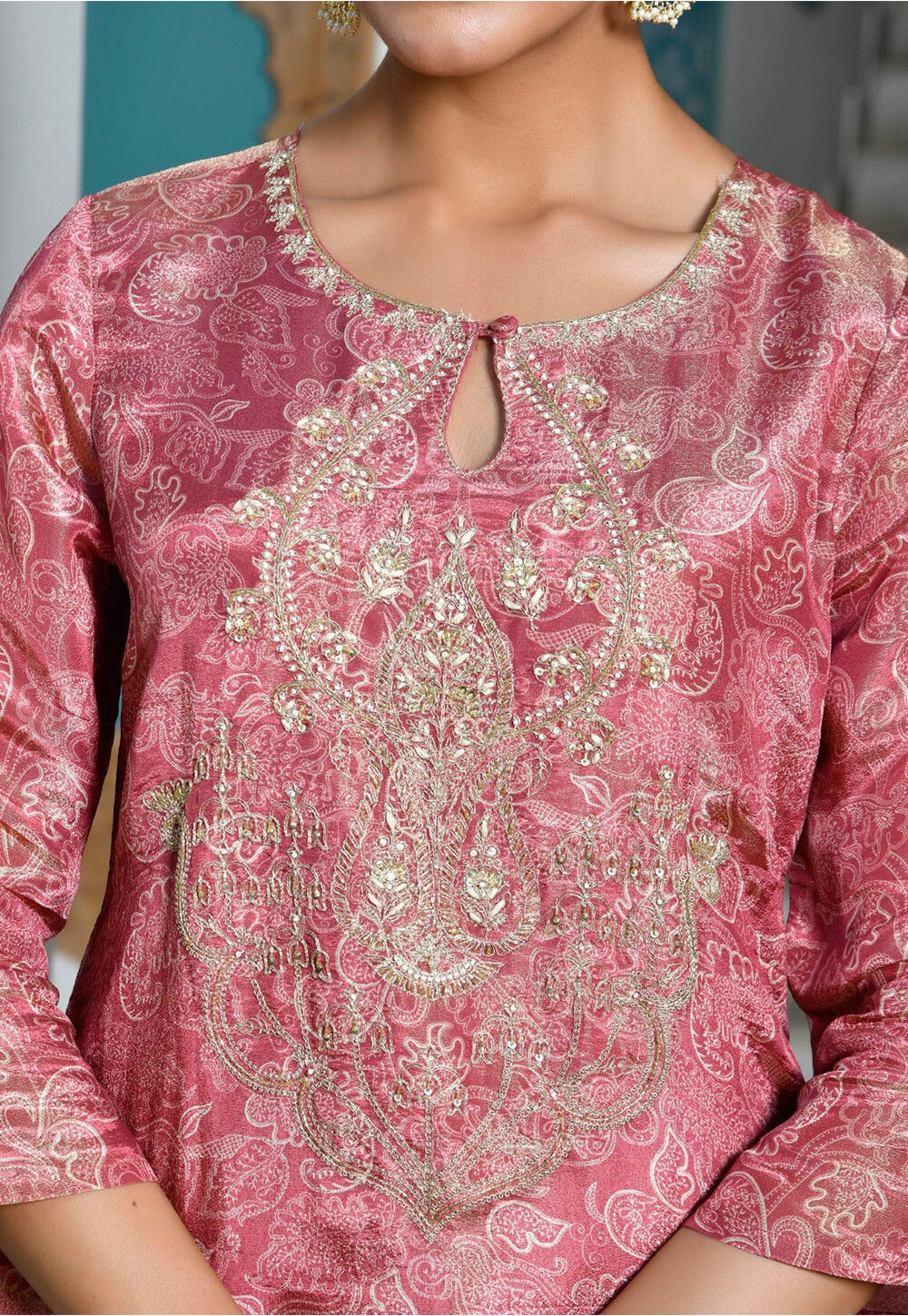Buy Block Printed Tissue Pakistani Suit in Coral Pink Online : KJN4695 ...