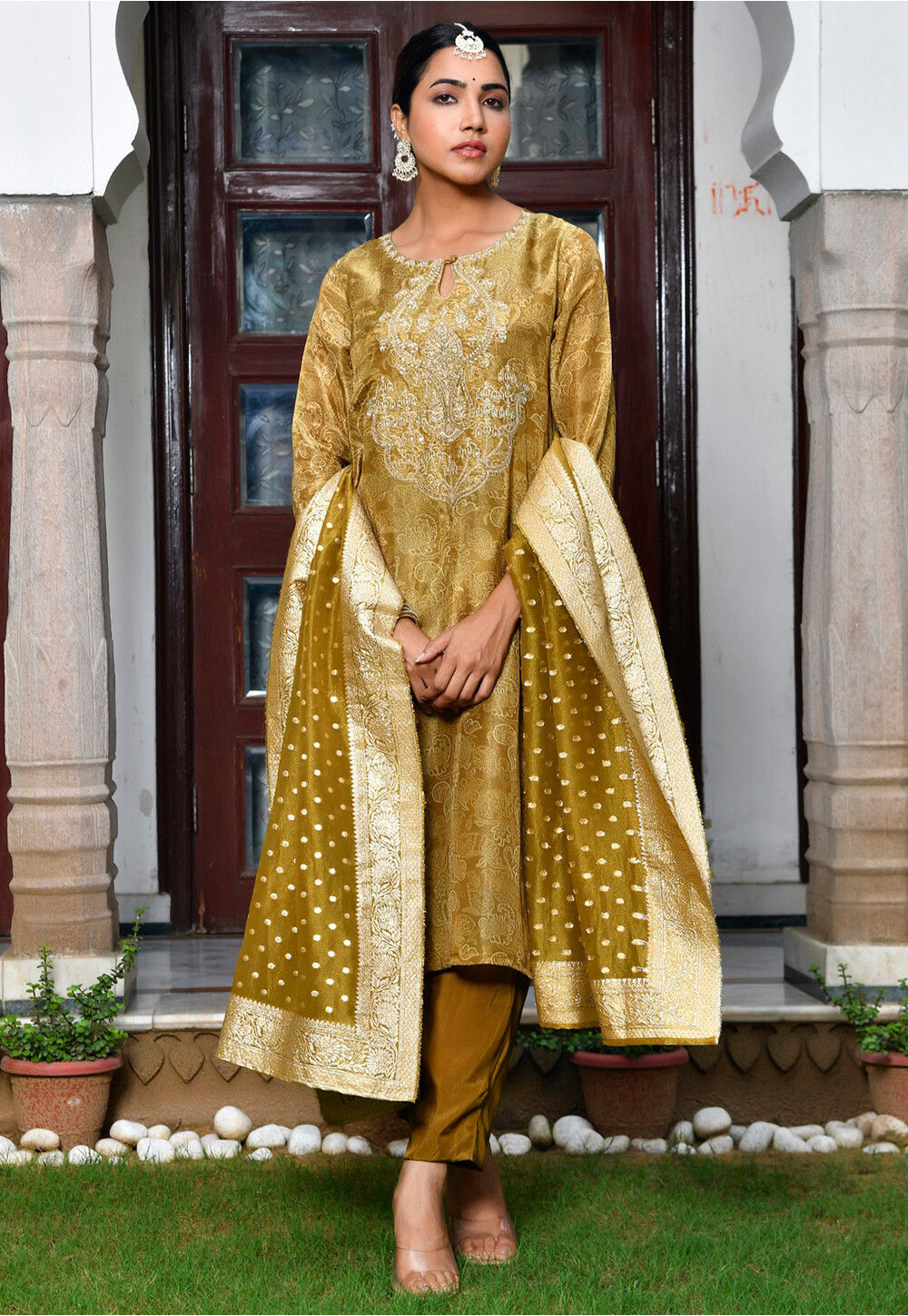 Buy Block Printed Tissue Pakistani Suit in Olive Green Online : KJN4693 ...