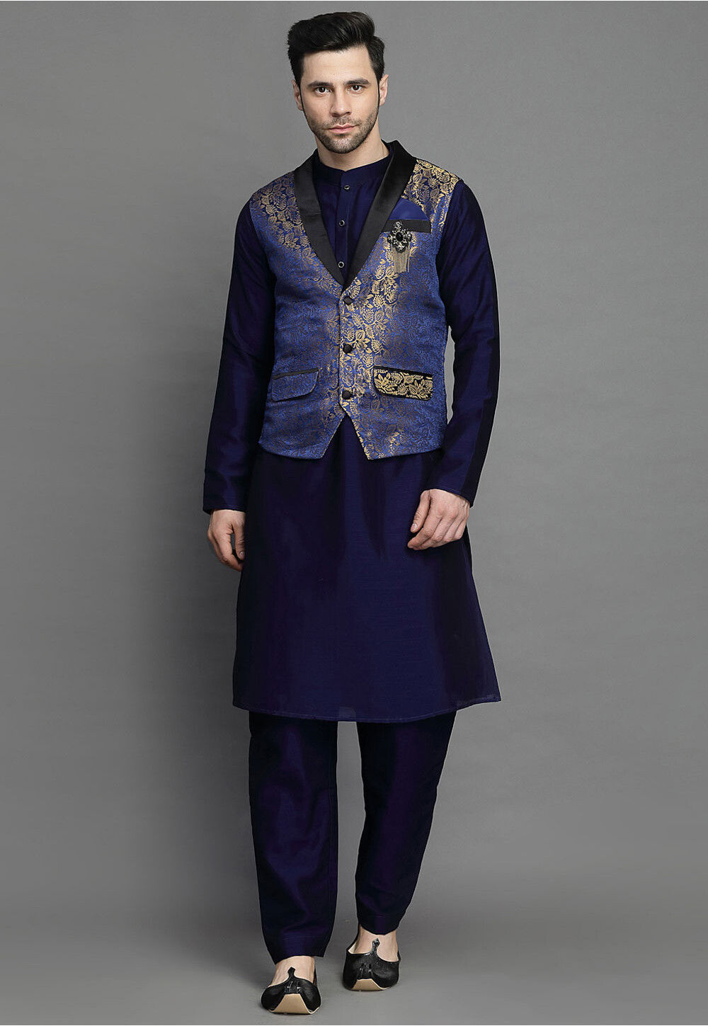 Buy Brocade Art Silk Kurta Jacket Set in Navy Blue Online : MXX89 ...