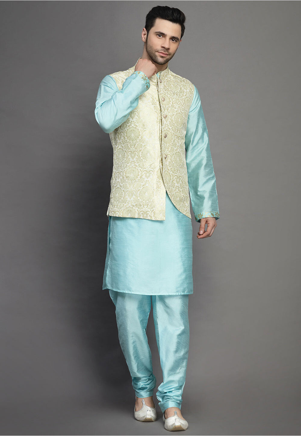 Buy Brocade Art Silk Kurta Jacket Set in Sky Blue Online : MXX110 ...