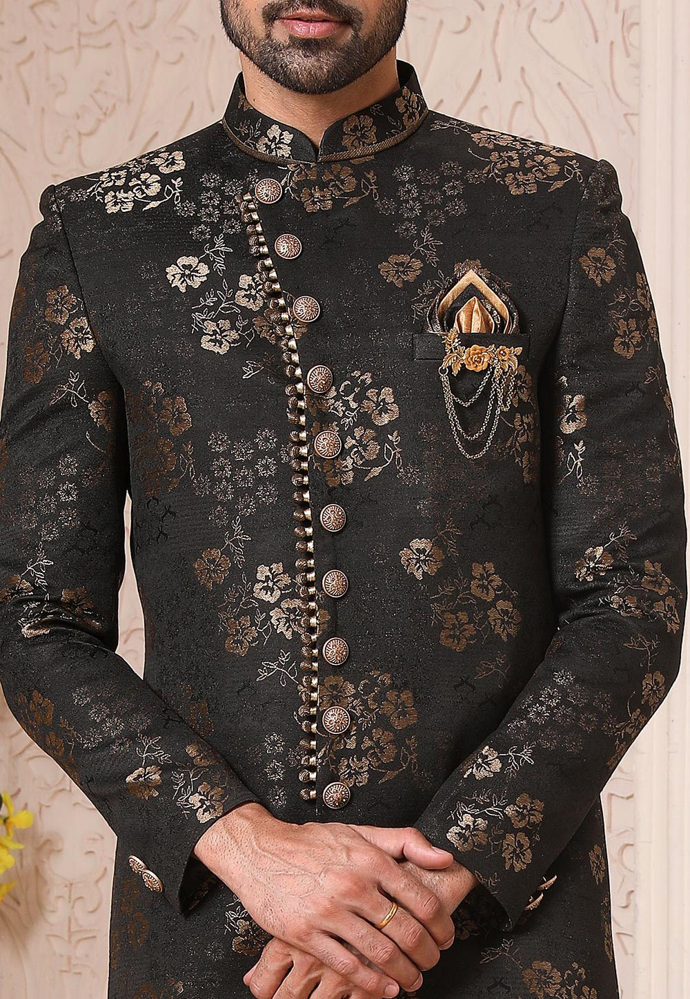 Buy Brocade Asymmetric Sherwani in Black Online : MGV1350 - Utsav Fashion