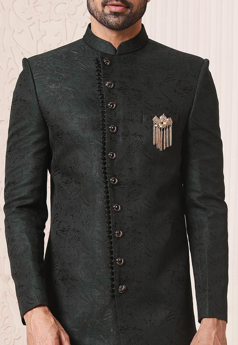 Buy Brocade Asymmetric Sherwani in Dark Green and Black Online ...