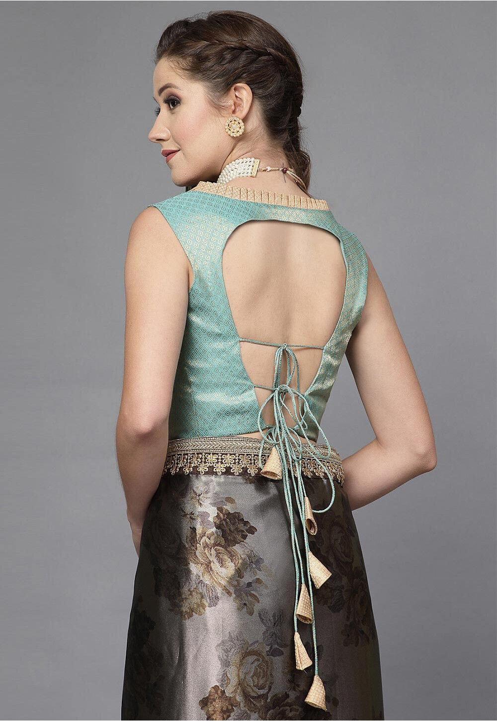 Buy Brocade Back Tie Up Blouse in Teal Blue Online : UAC172 - Utsav Fashion